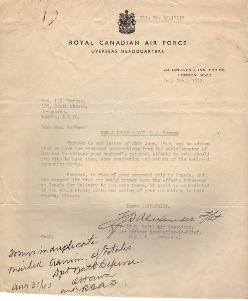 RCAF Min of Estate Letter Burpee – Dambusters Blog