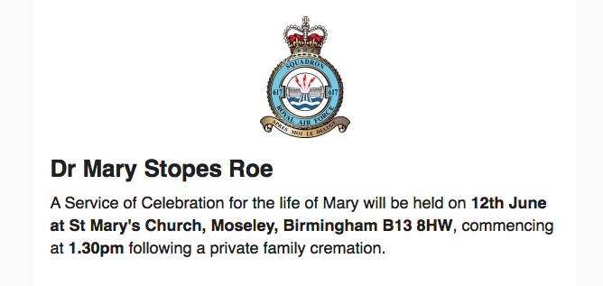 Dr Mary Stopes-Roe memorial service – Dambusters Blog