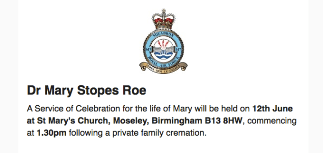 Dr Mary Stopes-Roe memorial service – Dambusters Blog